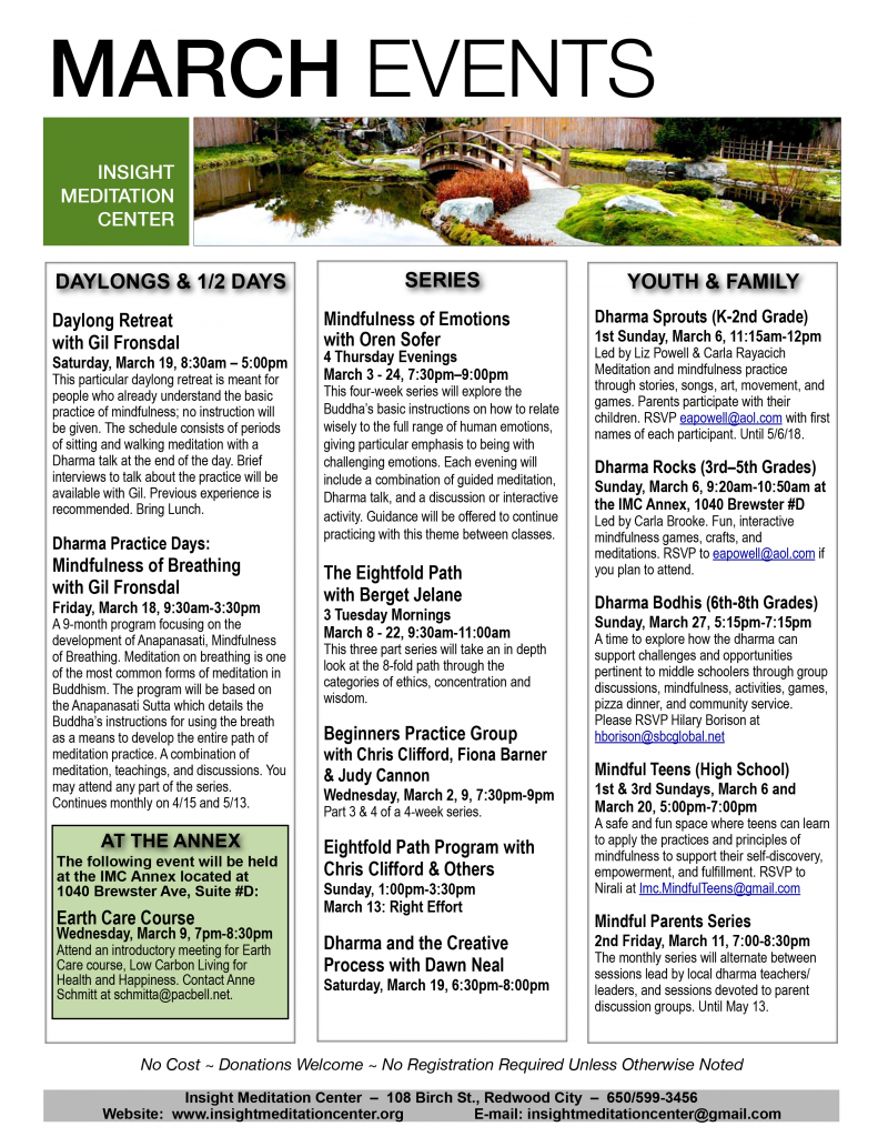 IMC MARCH EVENTS – Insight Meditation Center